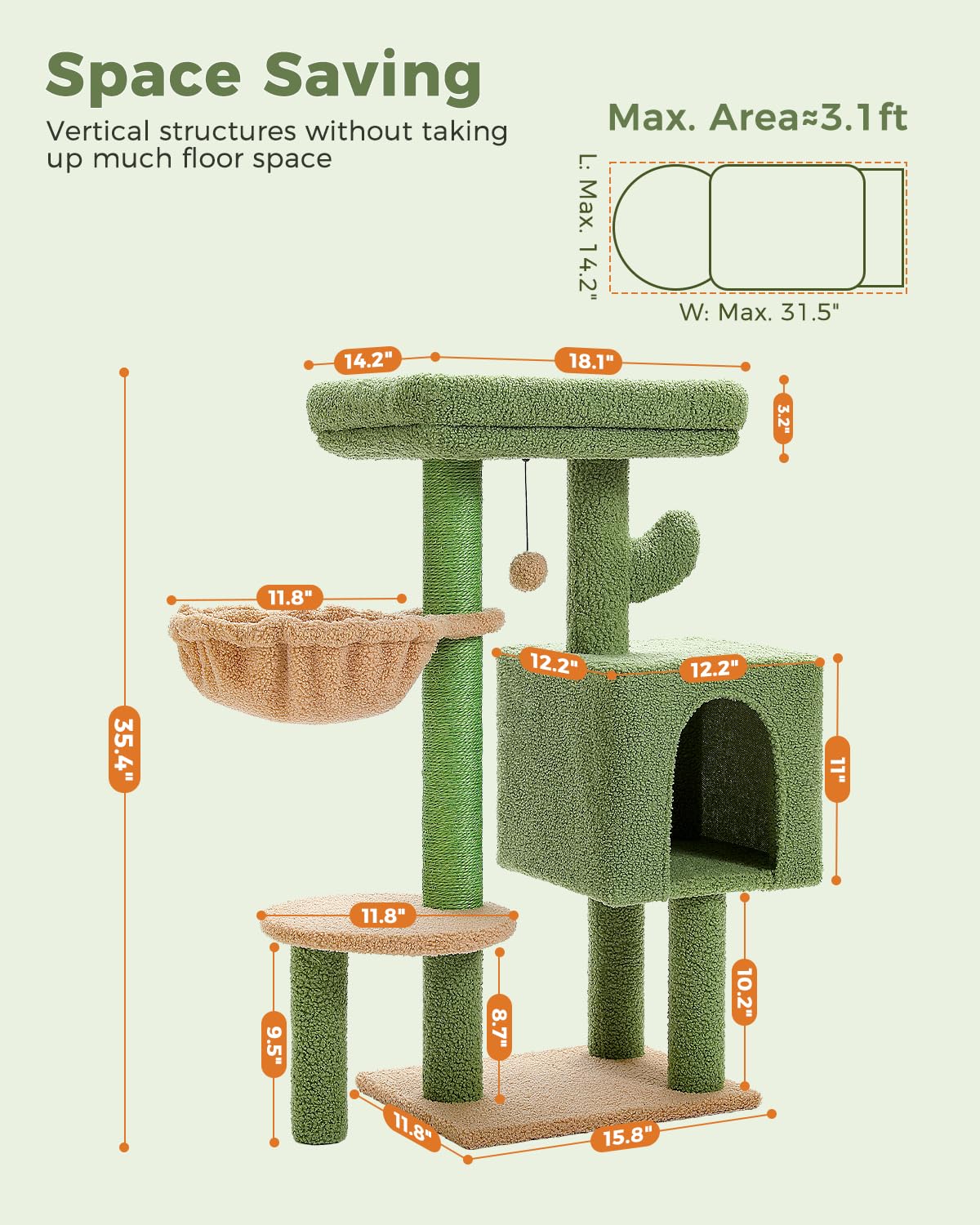 Cactus Cat Tree 35.4" Cute Cat Tower Cat Condo for Indoor Cats w/Large Padded Perch, Fluffy Dog Couch Bed, Modular Dog Bed for X-Large Dogs