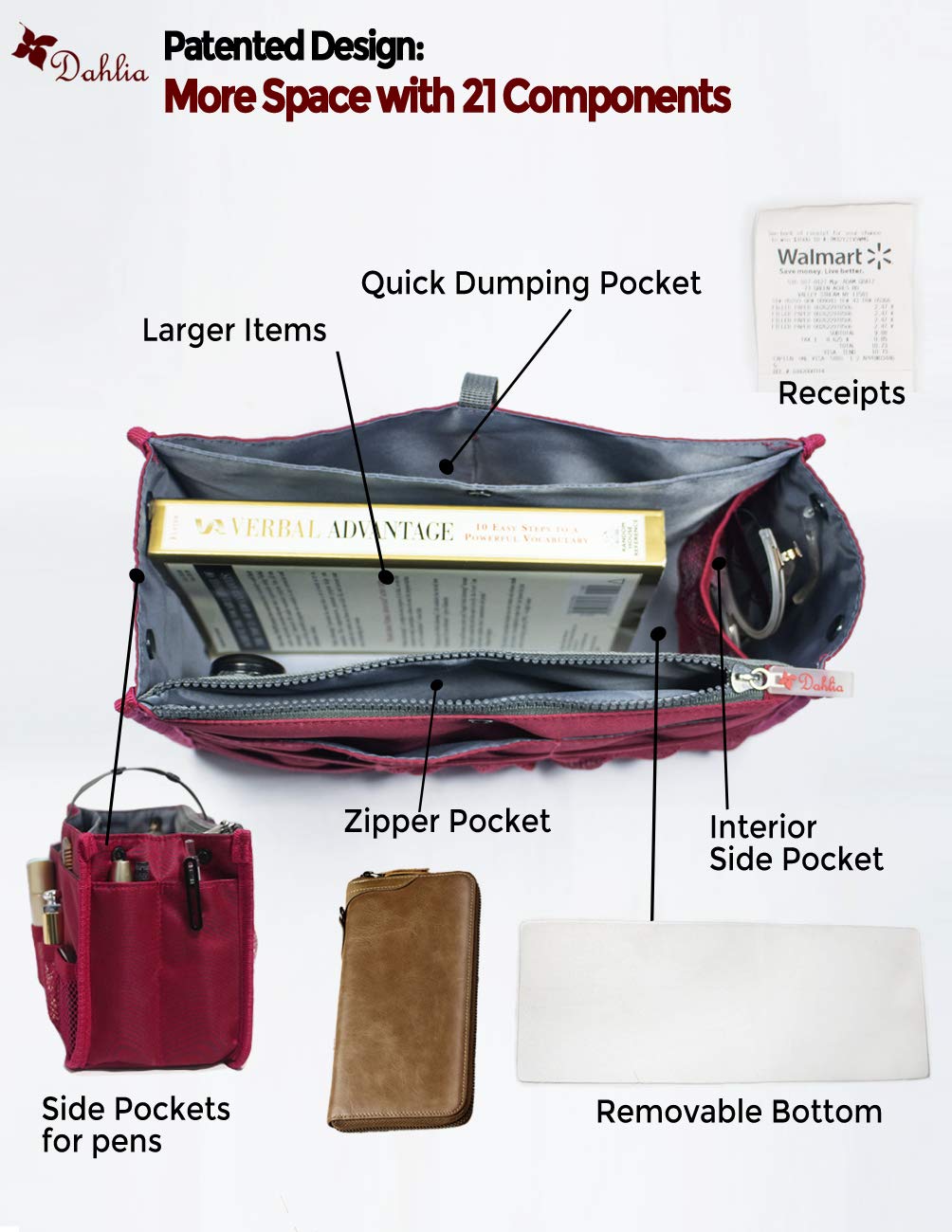 Dahlia Patented Handbag Purse Organizer Insert - STURDY Flexible, Tan