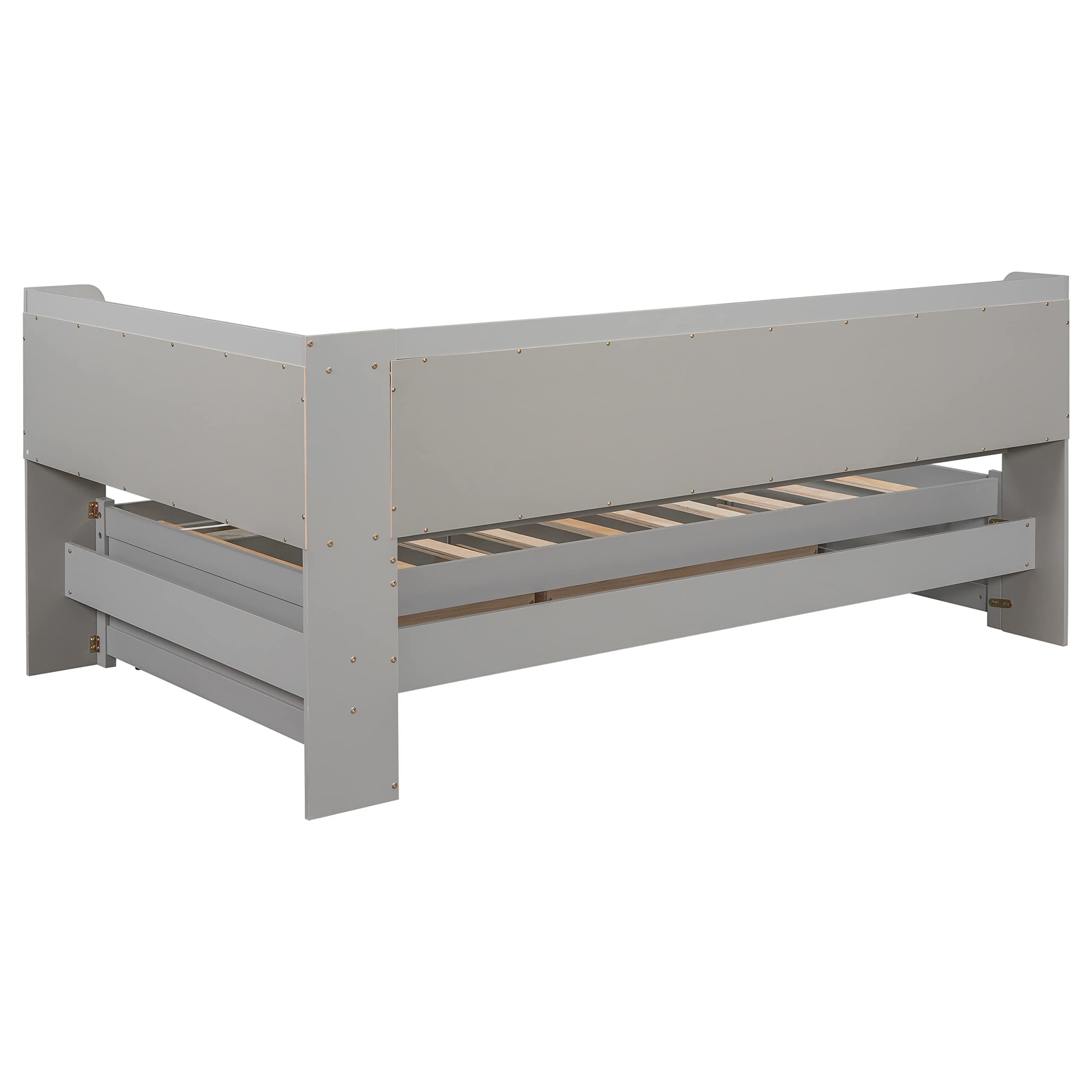 DNChuan Twin Size L-Shaped Corner Daybed with Bookcase Headboard,Captains Bed with Underneath Storage Drawers for Kids Adults,No Box Spring Needed,Grey
