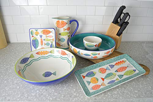 Euro Ceramica FreshCatch Collection 13-Inch Large Serving Bowl - Indoor/Outdoor Use - Colorful Cute Fish Pattern on White (FRC-86-3913)