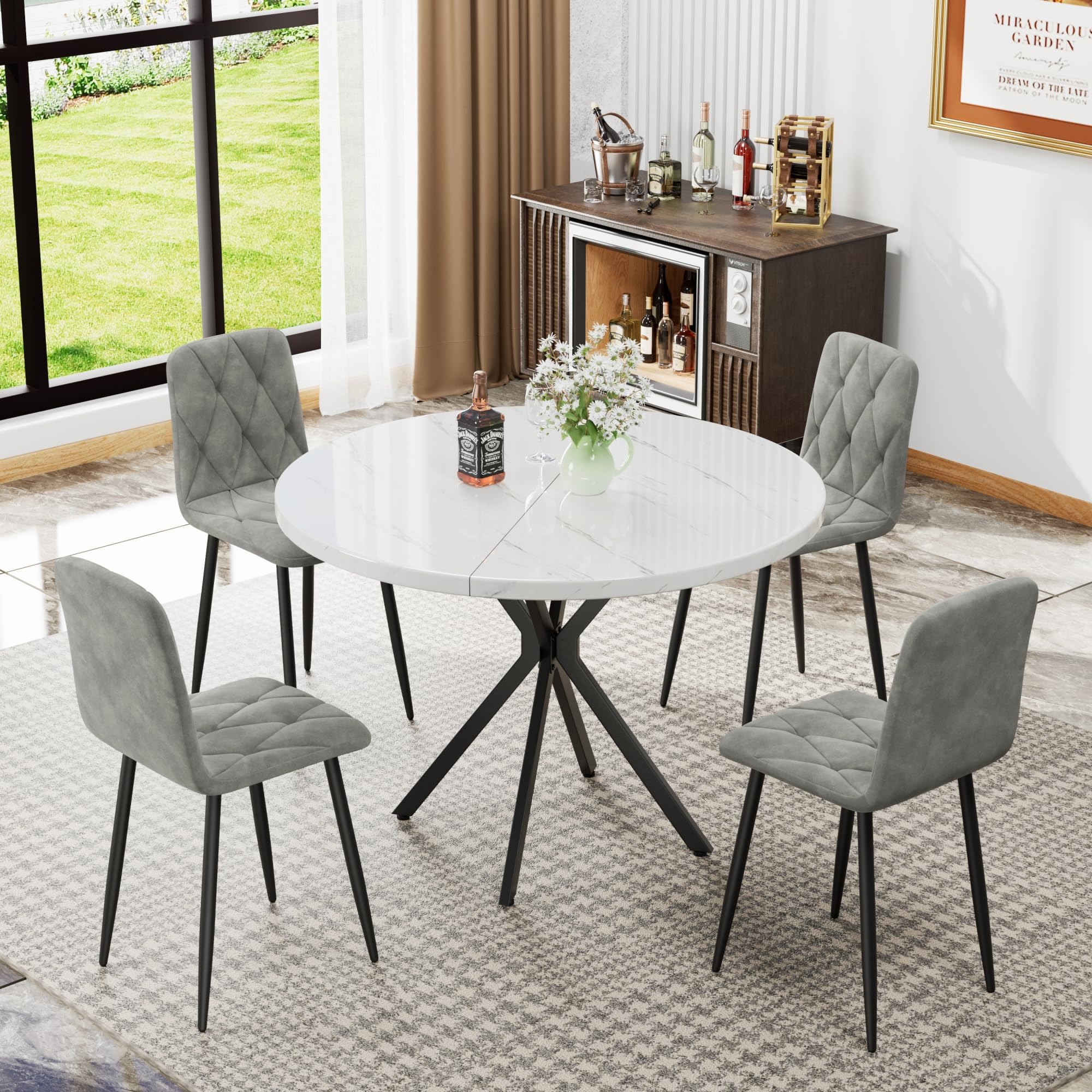 DKLGG White Round Dining Table Set for 4, 39" Round Kitchen Table Set with 4 Upholstered Velvet Chairs, Space-Saving Dining Table Set for Kitchen Dining Room(1 White Table with 4 Grey Chairs)