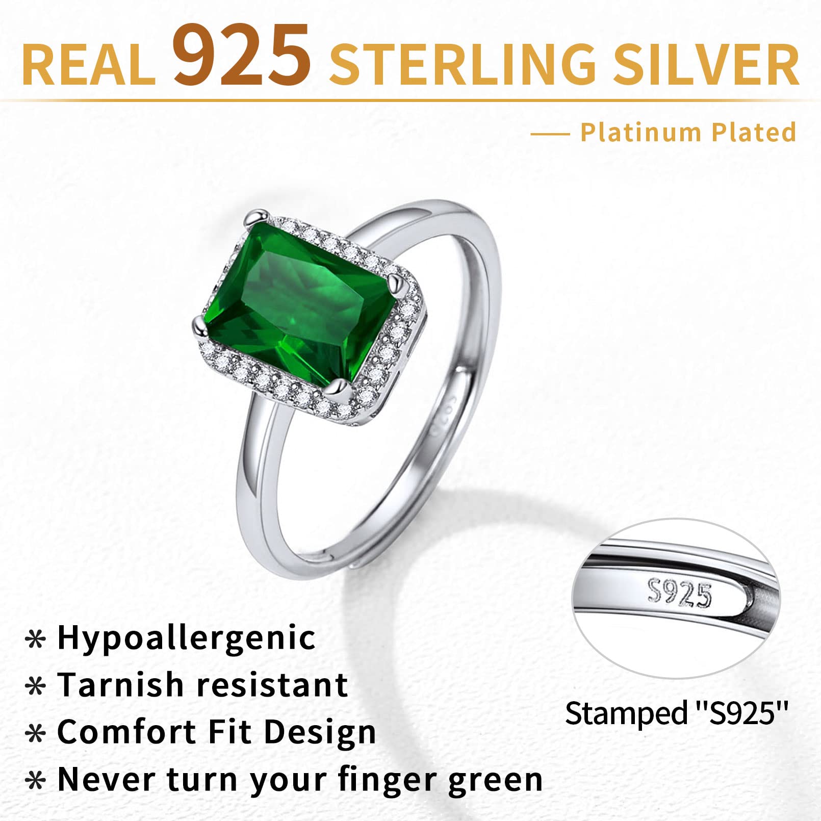 ChicSilver Emerald Cut Birthstone Ring, 925 Sterling Silver Simulated Green Emerald Rings for Women May Birthstone Jewelry