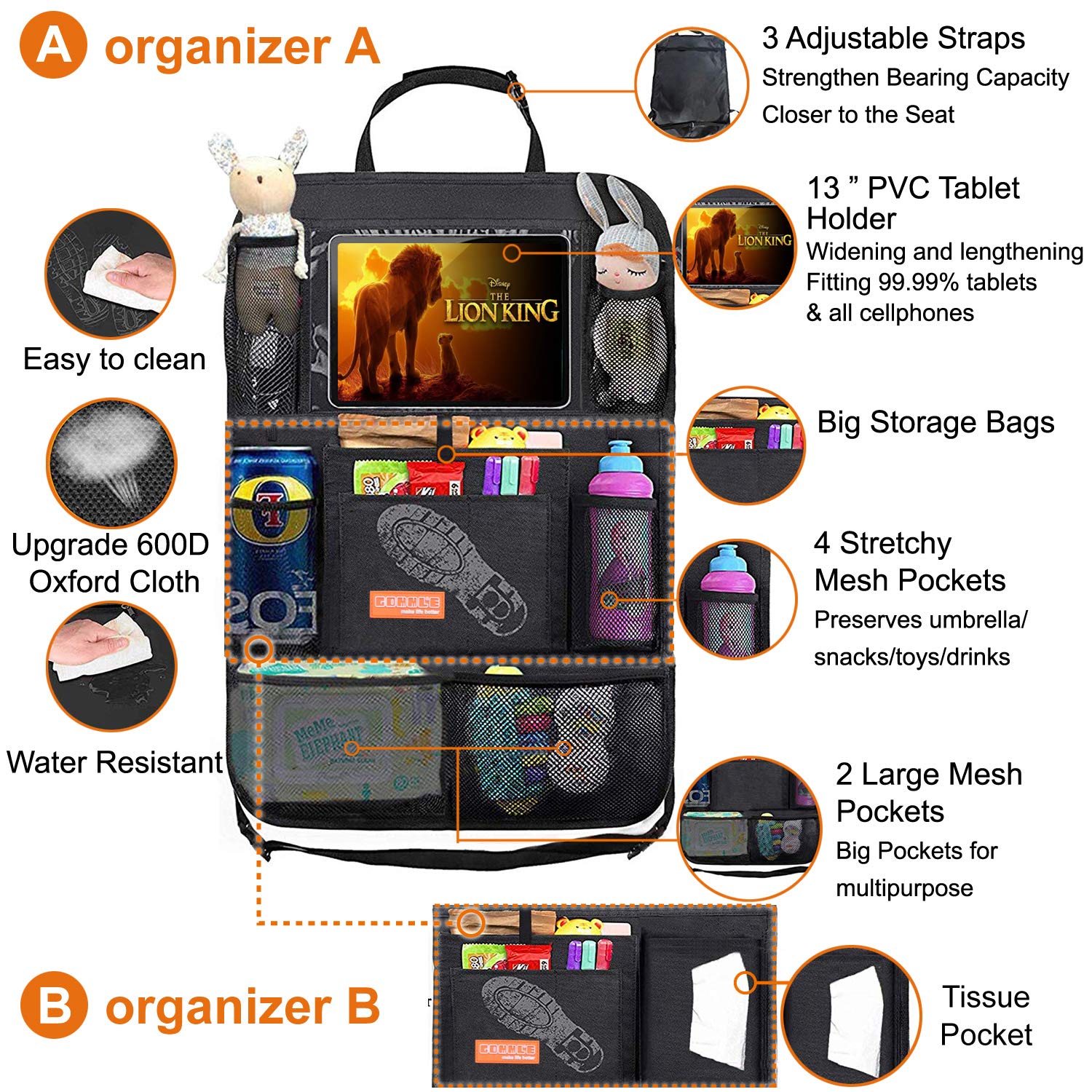 Car Backseat Organizer for Kick Mat, Extended Size and Larger Pockets Car Back Seat Protector with 11" Screen Tablet Holder + 19 Storage Pockets for Toy Bottle Tissue Box Travel Accessories (2 Pack)