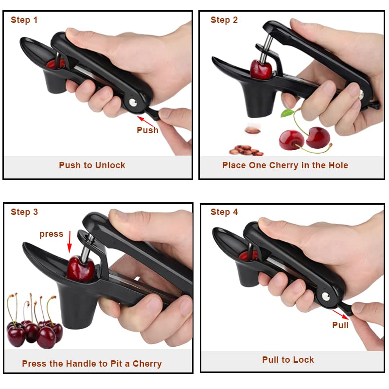 Cherry Pitter - Heavy-Duty Olive and Cherry Pitters Corer Tool with Space-Saving Lock Design, Multi-Function Cherries Stoner Seed Remover Tool for Making Cherry Jam (Black)
