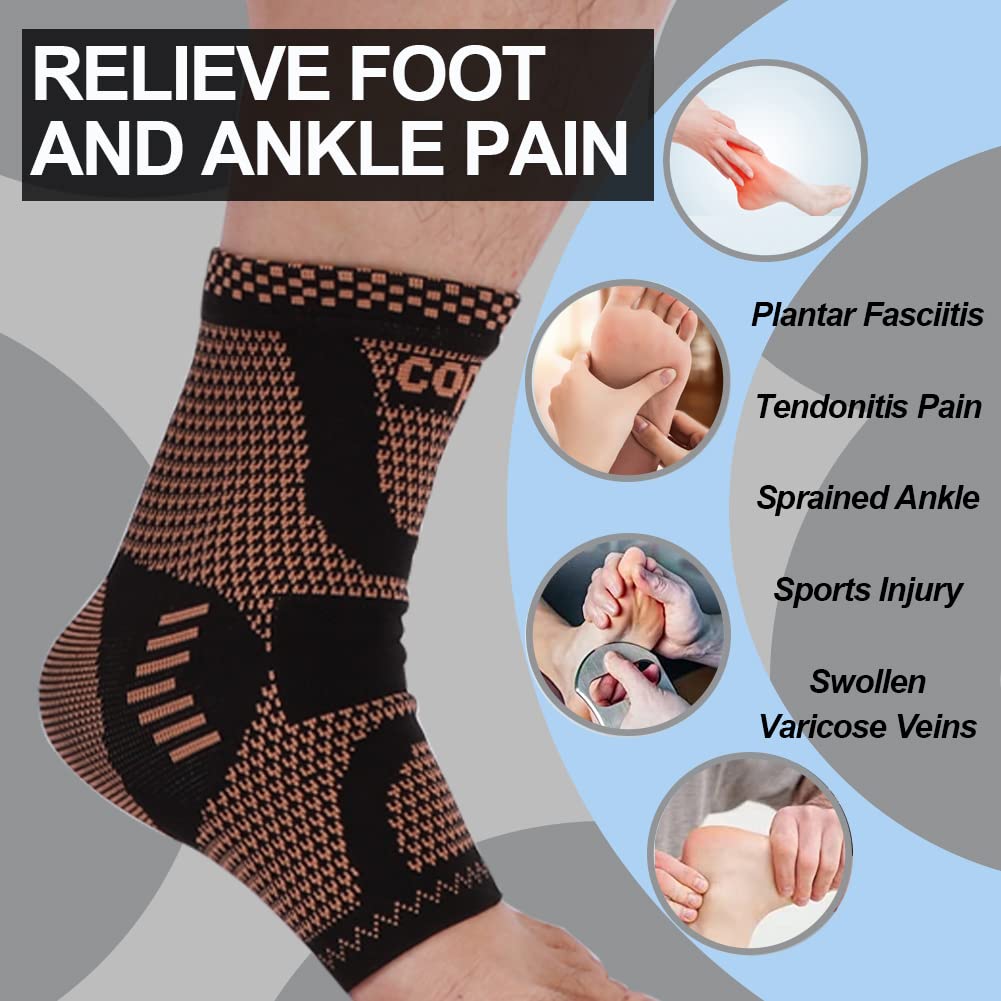 Copper Ankle Brace, Copper Infused Ankle Support Compression Sleeve for Men & Women, for Foot Pain Relief, Plantar Fasciitis, Sprained Ankle, Achilles Tendonitis,Recovery, Daytime or Night Use(L)