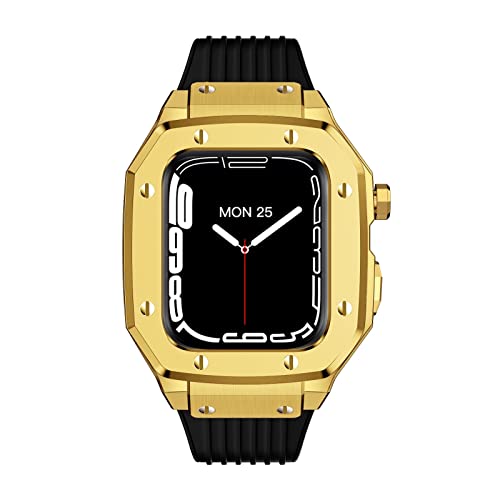 KGDHB For Apple Watch Band Series 7 45mm Man Alloy Watch Case 44mm 42mm Luxury Metal Rubber Stainless Steel Watch Accessories For IWatch Series 7 6 5 4 SE Cover (Color : Black gold, Size : 45mm)