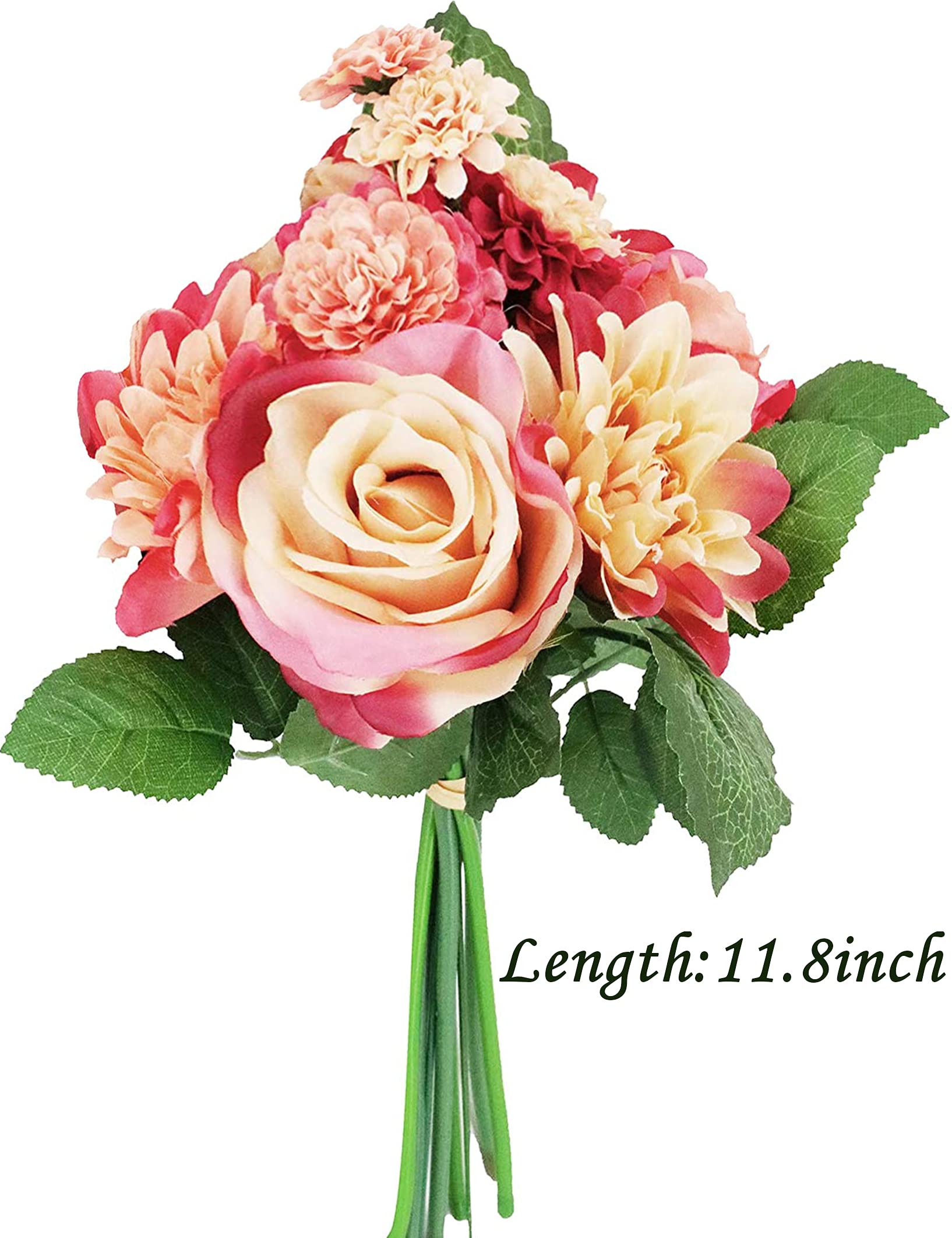 SUPICKET 1 Bunch 8 Pcs Artificial Rose Dahlia Daisy Flower Bouquet Bride Bridesmaid Holding Flowers for Home Hotel Office Wedding Party Garden Craft Art Decor, Red&Orange