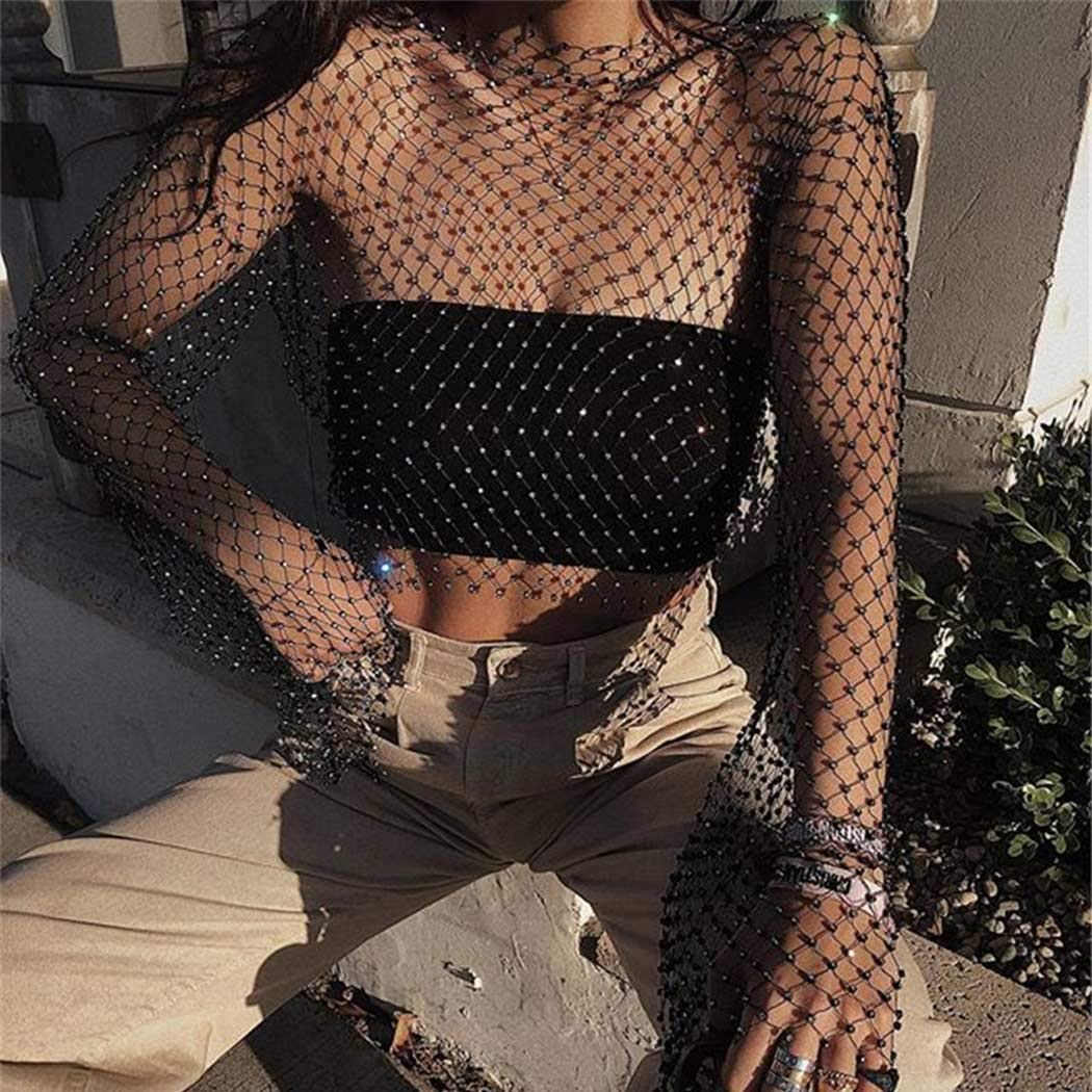Bodiy Boho Mesh Rhinestones Body Chain Black Sexy Long Sleeve Hollow out Fishnet Crop Top Bkini Chain Jewelry Accessoires for Women and Girls