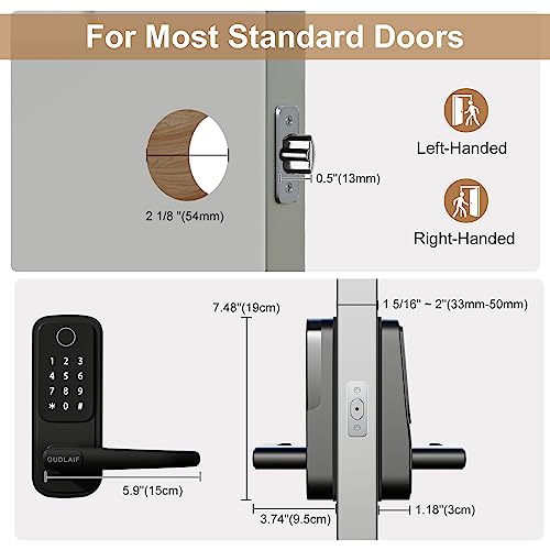GUDLAIF Smart Door Lock, 5-in-1 Keyless Entry Door Lock with Touchscreen Keypads, Digital Locks for Front Door, Fingerprint, Biometric, Wireless, WiFi, Electric, Fit for Home, Office, Hotel (Black)