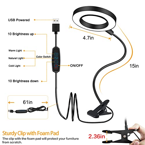 Clip on Light Reading Lamp for Bed, 4.7" USB Desk Light with Clamp 3 Lighting Modes10 Brightness, Eye Protection Book Clamp Light, 360° Flexible Gooseneck Table Light for Bed Headboard Makeup Eyebrow