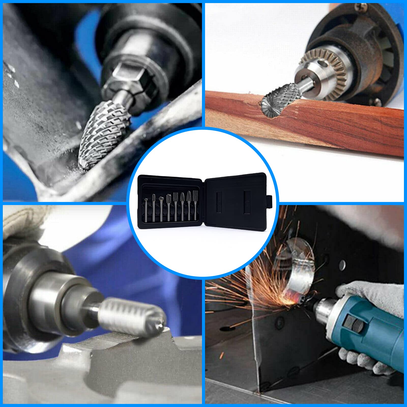 Carbide Burr Set, 1/4" Shank Die Grinder Bits, Tungsten Rotary Tool Bits Double Cut Rasp Files for Metal Weld Wood Stone Concrete Grinding Deburring Trimming Polishing Cutting, 8-pc in Sturdy Case