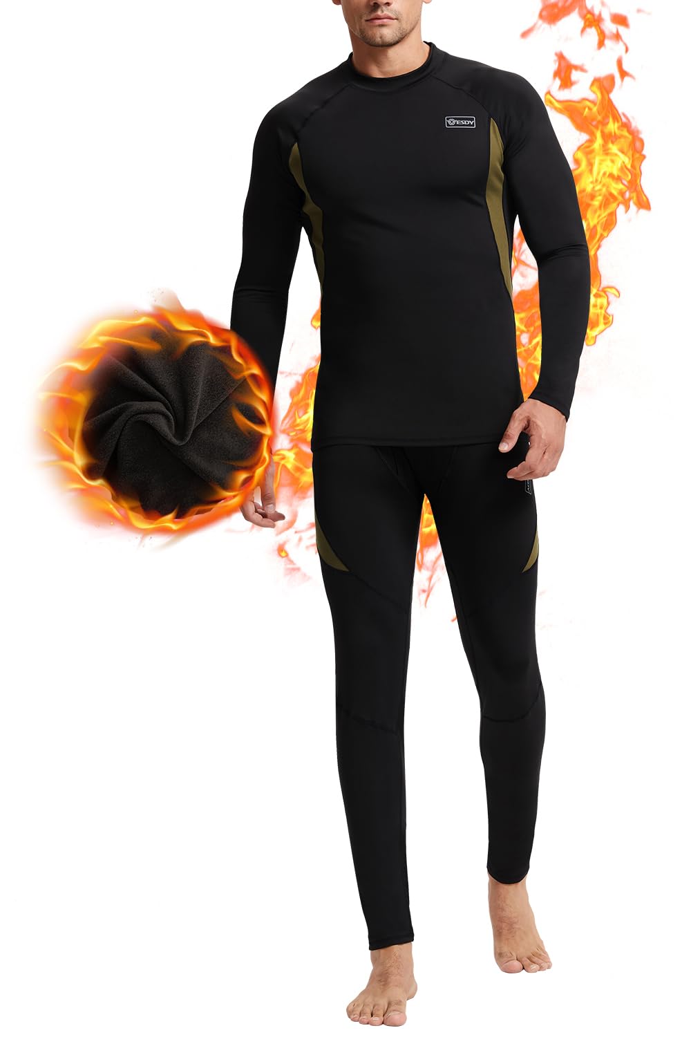 CL convallaria Long Johns for Men with Fly, Thermal Underwear Set Winter Hunting Gear Sport Base Layer Top and Bottom Midweight -Crew Neck-Black-XL