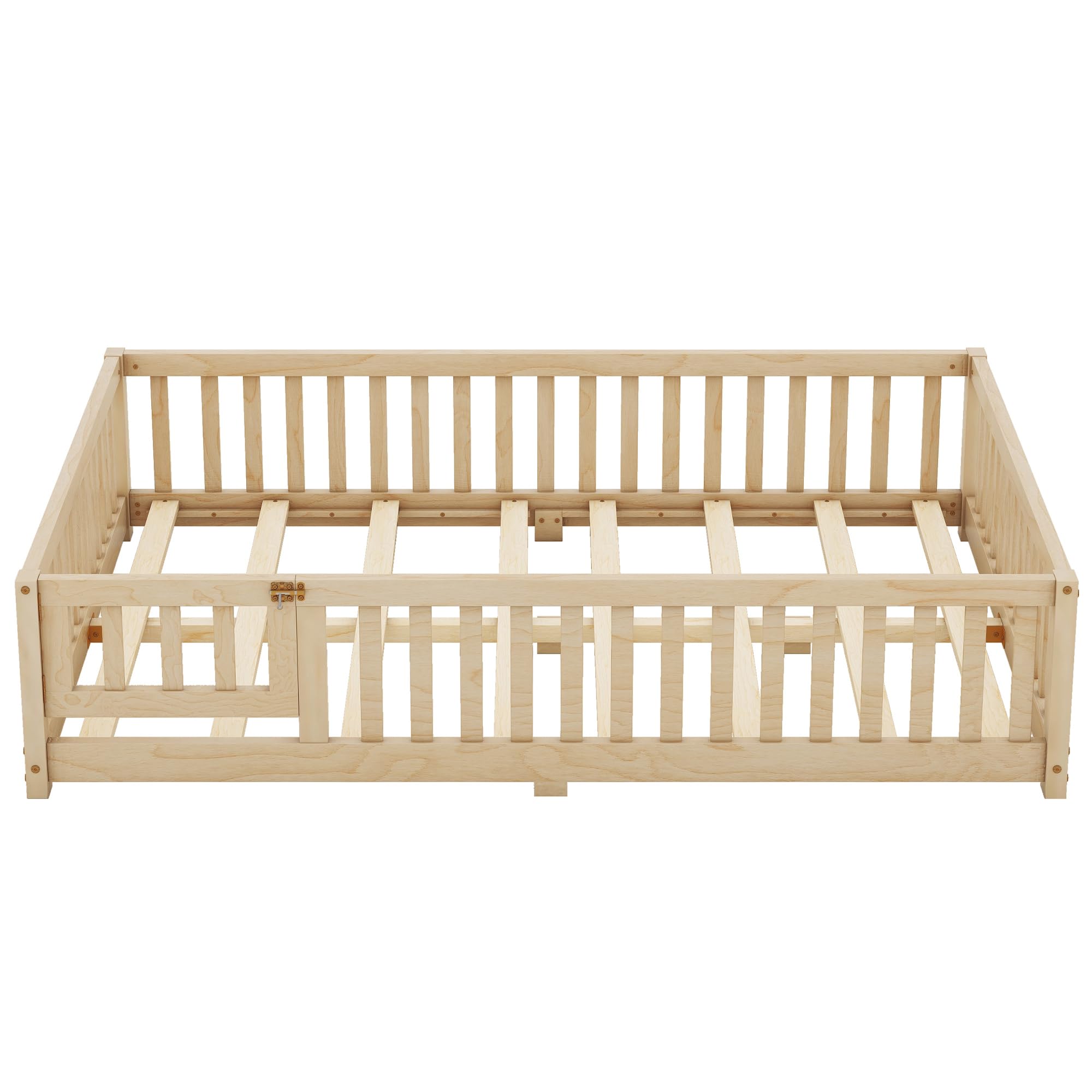DNYN Full Size Floor Bed for Kids Bedroom,Solid Wood Bedframe w/Door/Safety Guardrails/Wood Slat Support/Easy Assemble/Space Saving Design/No Box Spring Needed, Natural