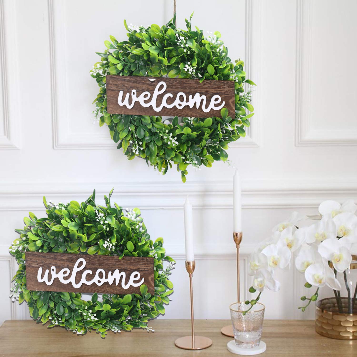 NAHUAA 12 Inch Boxwood Wreath for Front Door Artificial Green Leaves Spring Wreath with Welcome Sign for Farmhouse Wreath Wall Window Wedding Home Table Centerpiece