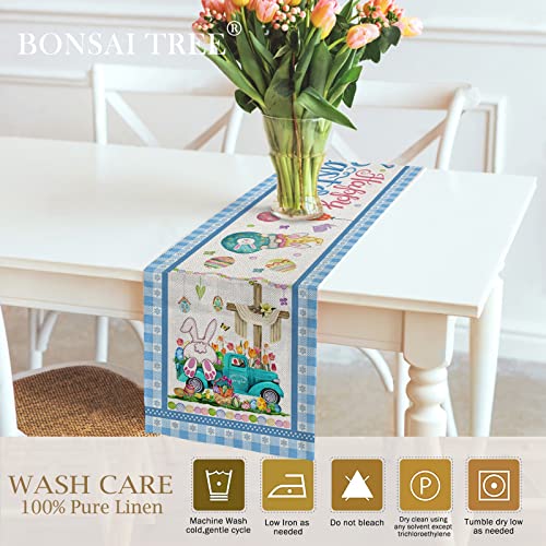 Easter Table Runner, Happy Easter Runner, Easter Bunny Eggs and Gnomes Blue Truck with Tulip Flowers Table Runners 72 Inches Long, Blue Buffalo Plaid Small Coffee Table Cloth for Home Dining Room