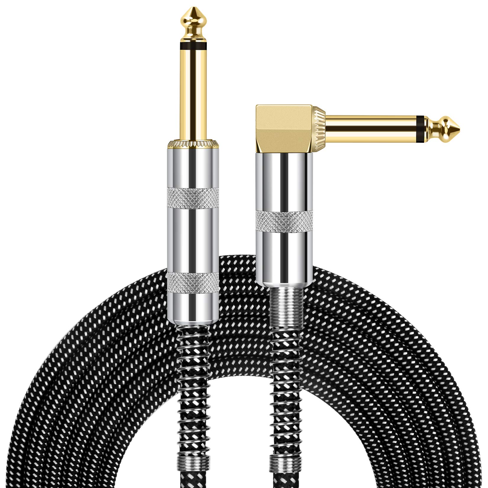 JOLGOO Guitar Cable, 1/4 Inch Cable 10 Ft, Straight to Right Angle 6.35mm Plug Bass Keyboard Instrument Cable, Black and Gray Tweed Cloth Jacket, Electric Mandolin, pro Audio