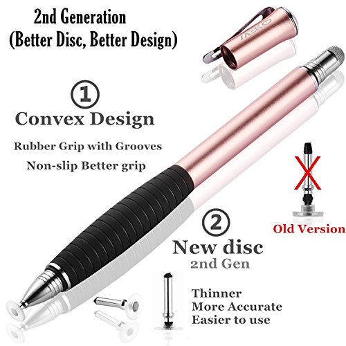 MEKO (2nd Generation) [2 in 1 Precision Series] Disc Stylus Pen for iPhone, iPad Pro/Mini/Air, Samsung Galaxy and All Touch Screen Devices Bundle with 6 Replacement Tips,Pack of 2(Black/Rose Gold)