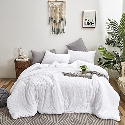 Houseri White Comforter Set Queen Boho Comforter Sets Full Size White Tufted Jacquard Bedding Sets Queen Women Girls Plain White Shabby Chic Farmhouse Bedding Comforter All White Bed Comforter Queen