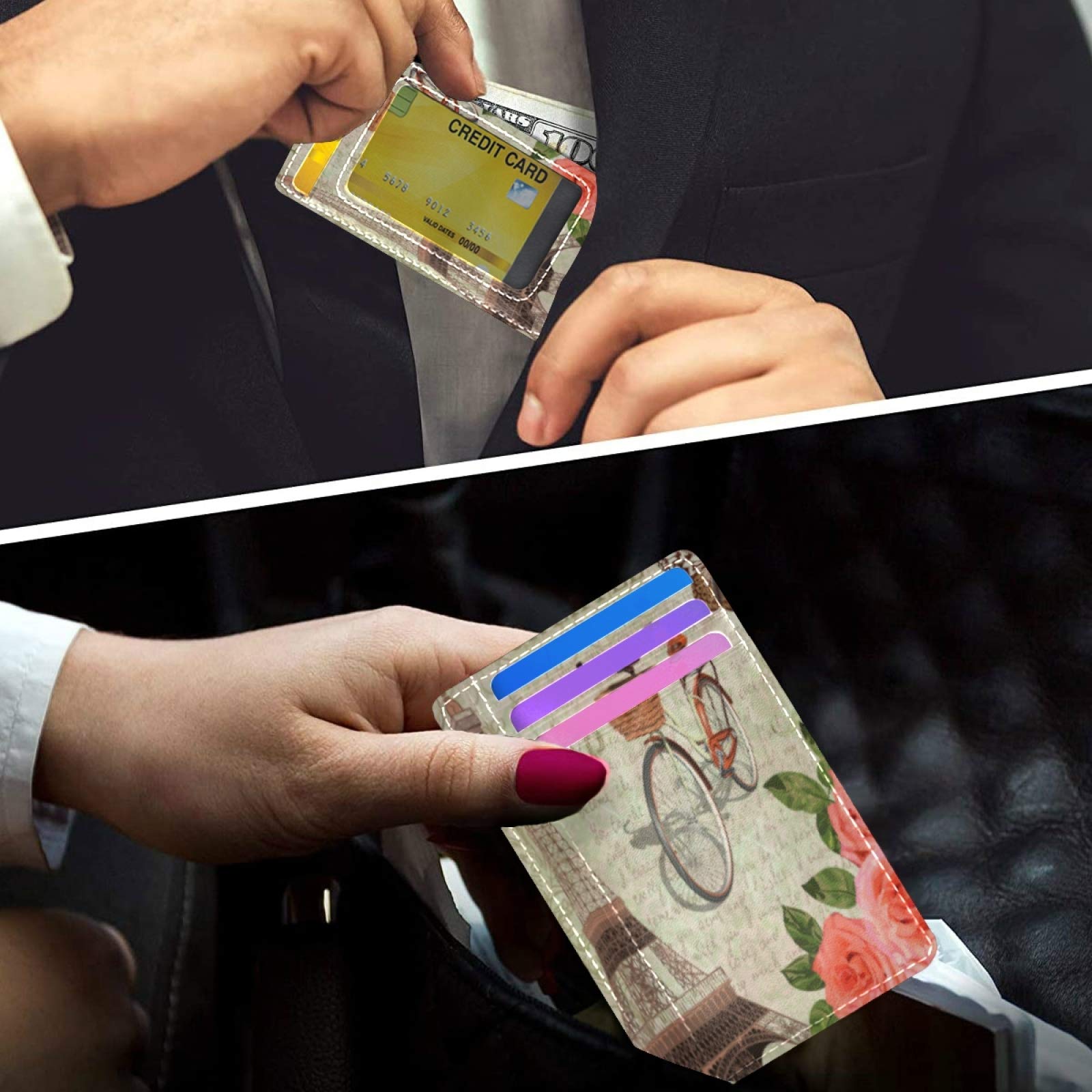 susiyo Retro Paris Eiffel Tower Post Card Slim Minimalist Wallets Rfid Blocking Card Wallets PU Leather Front Pocket Wallets for Men and Women