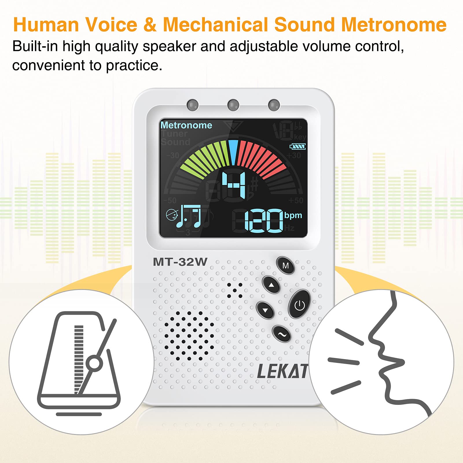 Metronome Tuner, Rechargeable 3 In 1 Digital Metronome with Vocal Count, Tone Generator Tuners for Guitar, Bass, Violin, Ukulele, Chromatic, Clarinet, Trumpet, Flute, All Instruments, White by LEKATO