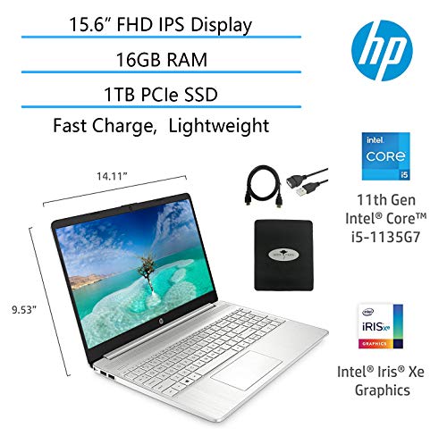 HP 15.6 FHD IPS Flagship Laptop Computer, 11th Gen Intel 4-Core i5-1135G7(Up to 4.2GHz, Beat i7-1060G7), 16GB RAM, 1TB PCIe SSD, Iris Xe Graphics, Bluetooth, HDMI, WiFi, Win11, w/GM Accessories