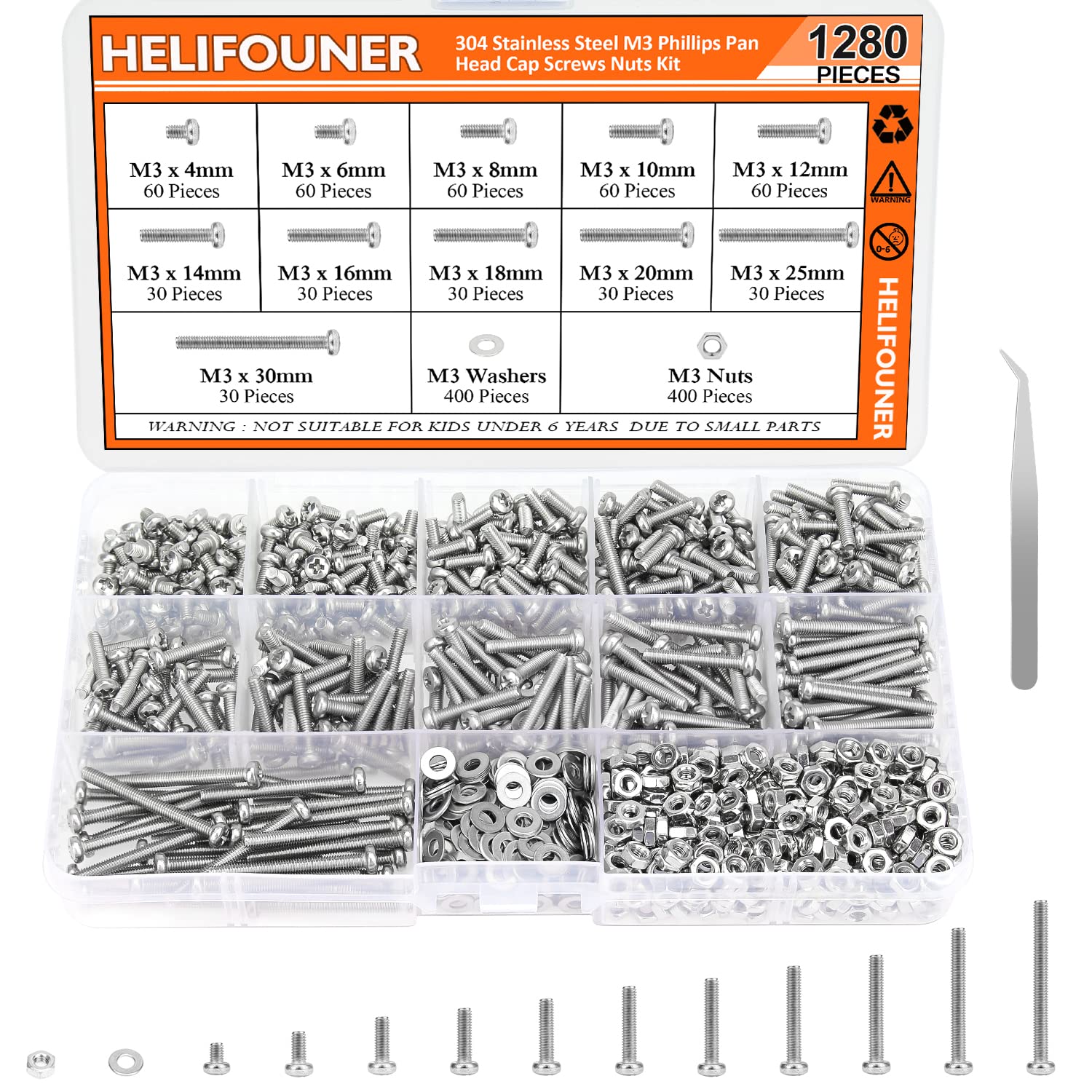HELIFOUNER 1280 Pieces M3 x 4mm /6mm /8mm /10mm /12mm /14mm /16mm /18mm /20mm /25mm / 30mm, Phillips Pan Head Machine Screws, Metric Screws Bolts Washers Nuts Kit, 304 Stainless Steel