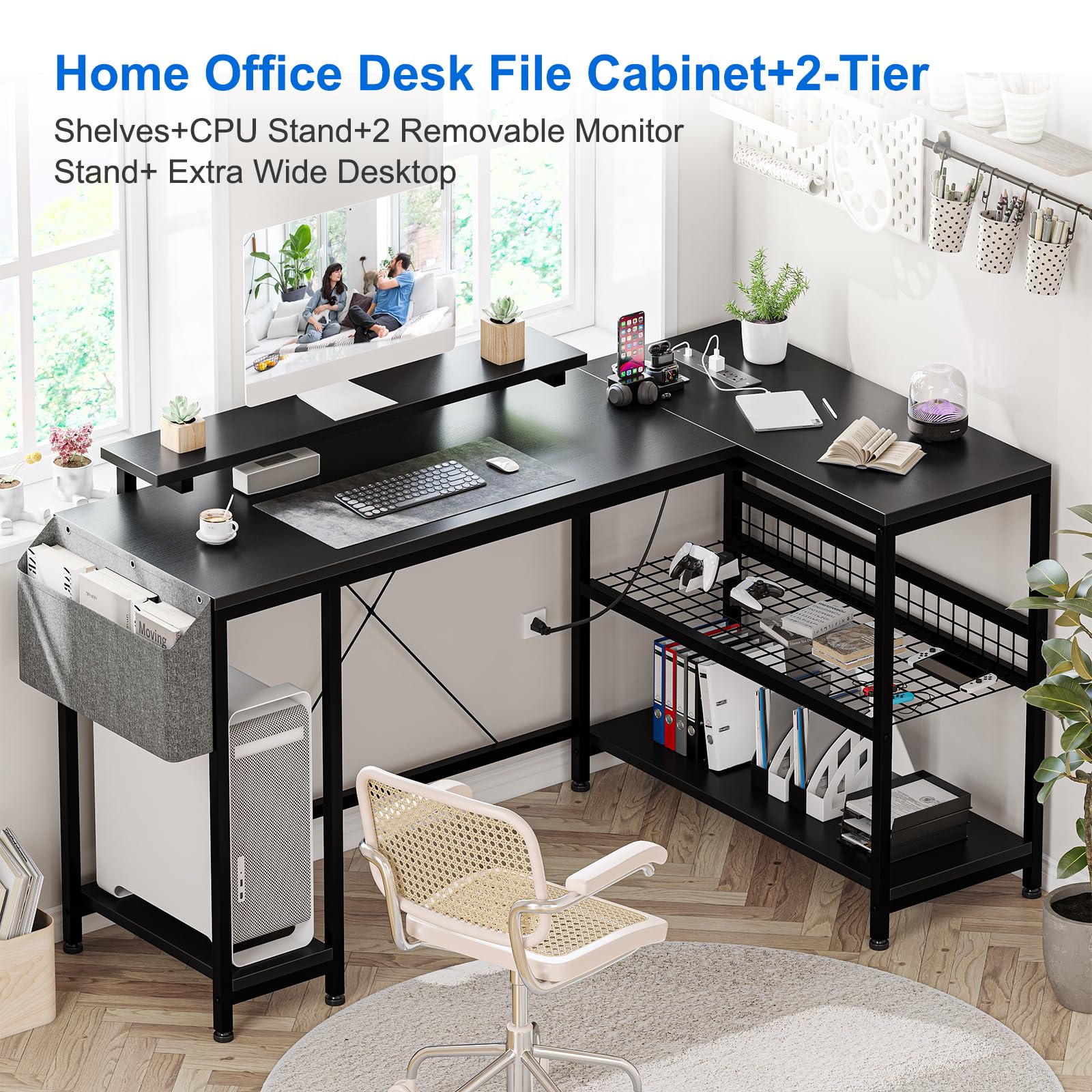 ElectraSpeedy 49" L Shaped Desk with Power Outlet & LED Lights, Reversible Corner Computer Desk with Storage Shelves & Monitor Stand, Home Office Desk for Gaming Writing Study (Pink)