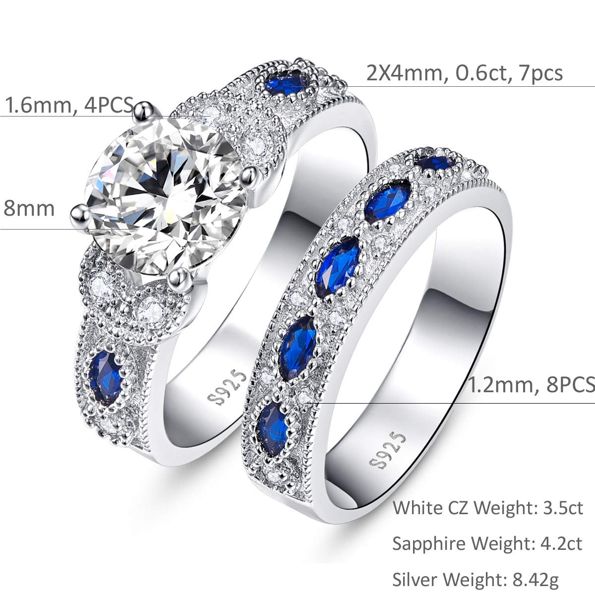 BONLAVIE 3.5ct Round Cut Cubic Zirconia Ring Wedding Ring Set Created Blue Sapphire Women's Bridal Rings Sets 925 Sterling Silver Ring Rhodium Plated Blue Engagement Ring Size 9