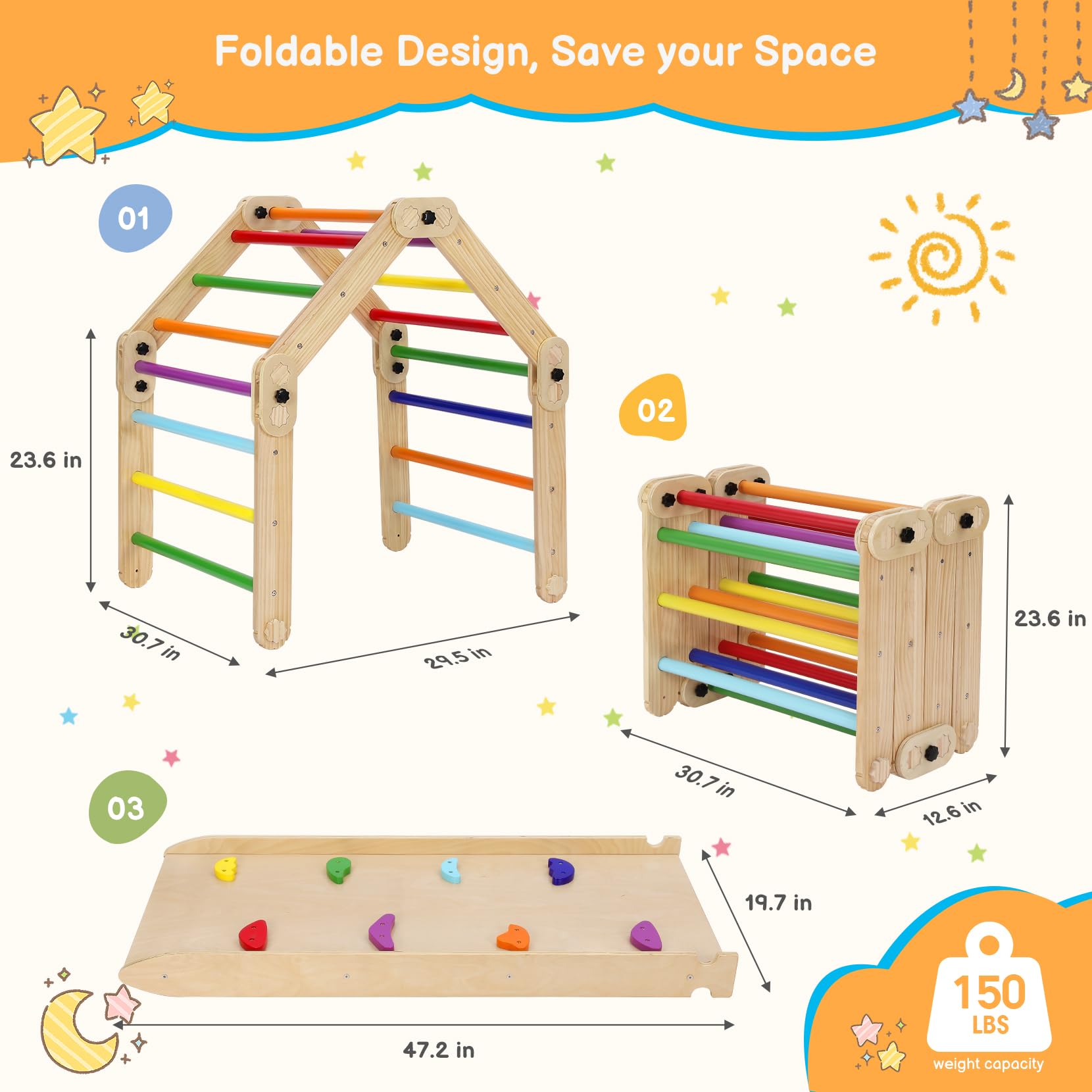 Dripex Pikler Triangle Set, Foldable 20-in-1 Climbing Triangle with Thickened 2-in-1 Ramp, Montessori Wooden Indoor Playground and Gym for Toddlers(Colorful)