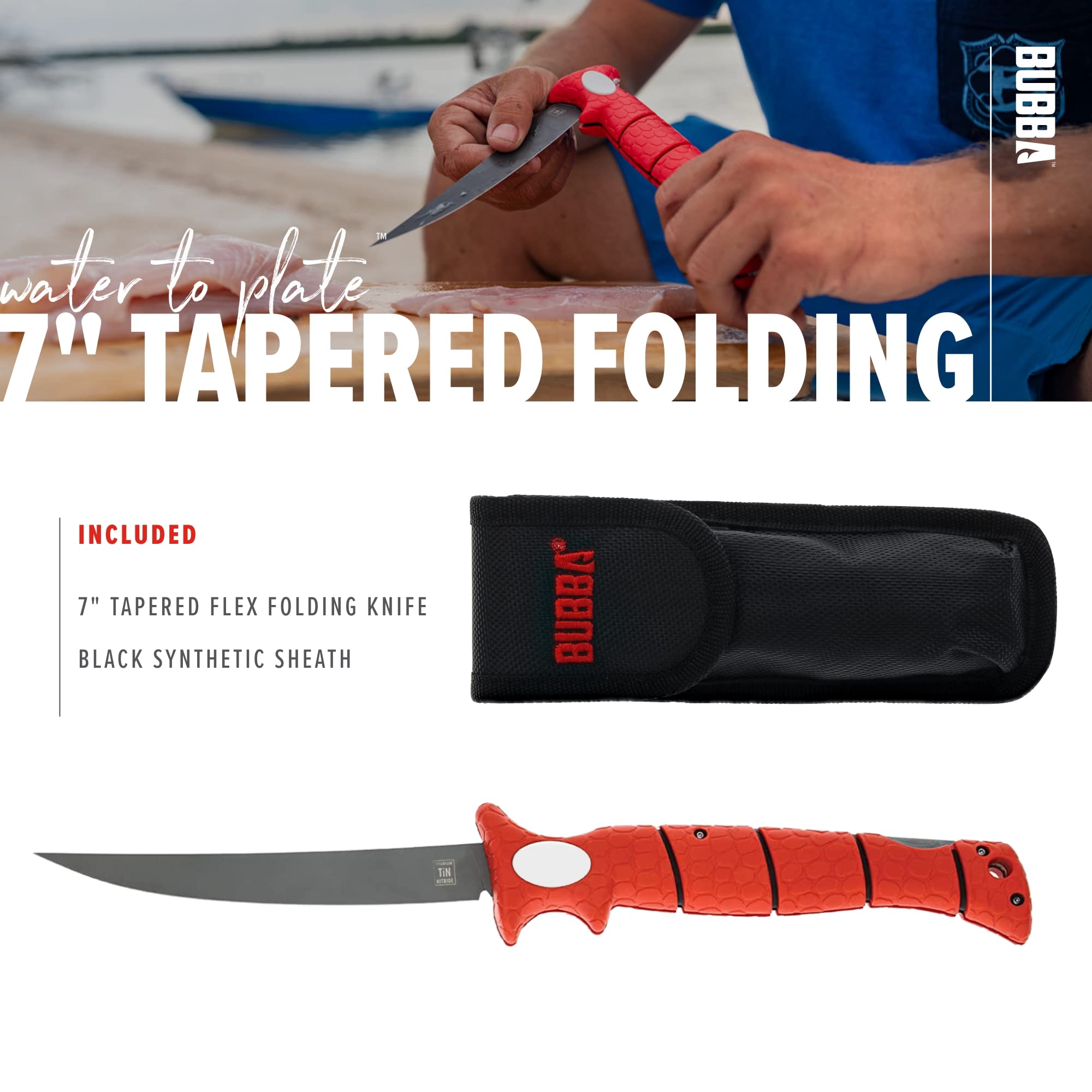 BUBBA 7" Tapered Flex Folding Knife with Non-Slip Grip Handle, Offset Full Tang Stainless Steel Blade, Lanyard Hole and Synthetic Sheath for Fishing