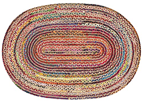 Hand Braided Cotton and Jute Rug - 4x6 feet Oval Reversible Farmhouse Accent Area Rug Boho Rustic Home Decor Colorful Recycled Chindi Carpet