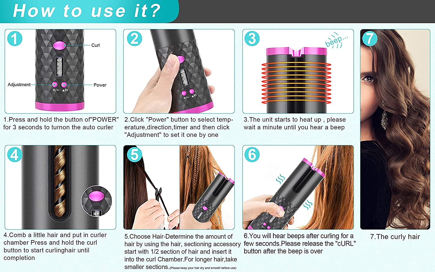 Cordless Automatic Hair Curler, Portable Electric Curler with 6 Temps Rechargeable Curling Wand Fast Heating for Hair Styling
