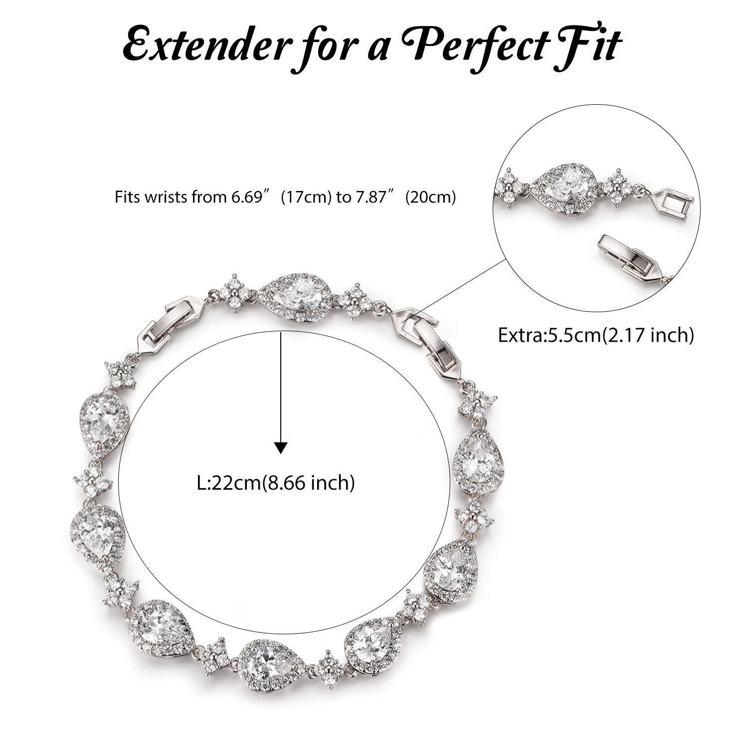 SWEETV Wedding Teardrop Bracelets for Brides Bridesmaids, Crystal Cubic Zirconia Bridal Bracelets for Women Prom, Silver