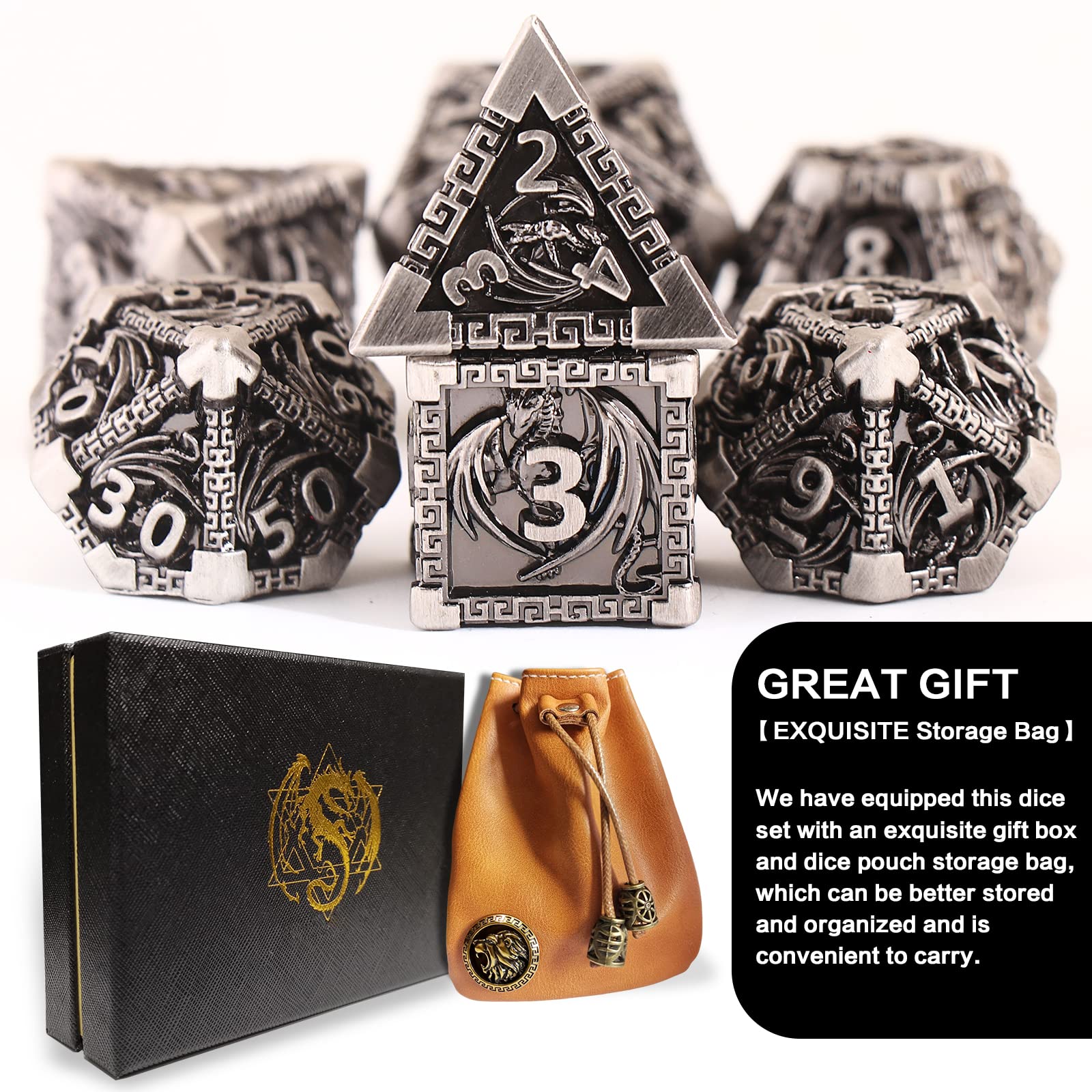 DND Dice Metal Dragon Set,Unique Dragon Design Dice with Gift Dice Bag for Dungeons & Dragon Games,magic The gathering,D and D D&D Dice Set (Blood Antique Iron)