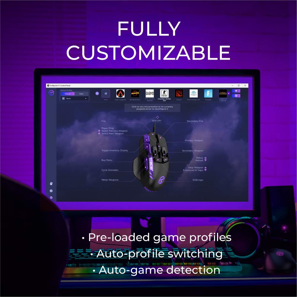 Swiftpoint Tracer Wired Gaming Mouse: 13 Programmable Buttons, 2 Pressure Sensors, Side Buttons, 12000 DPI, Mechanical Switches, Onboard Memory, 16 Game Profiles, RGB, Purple/Black for PC & Mac Gamers