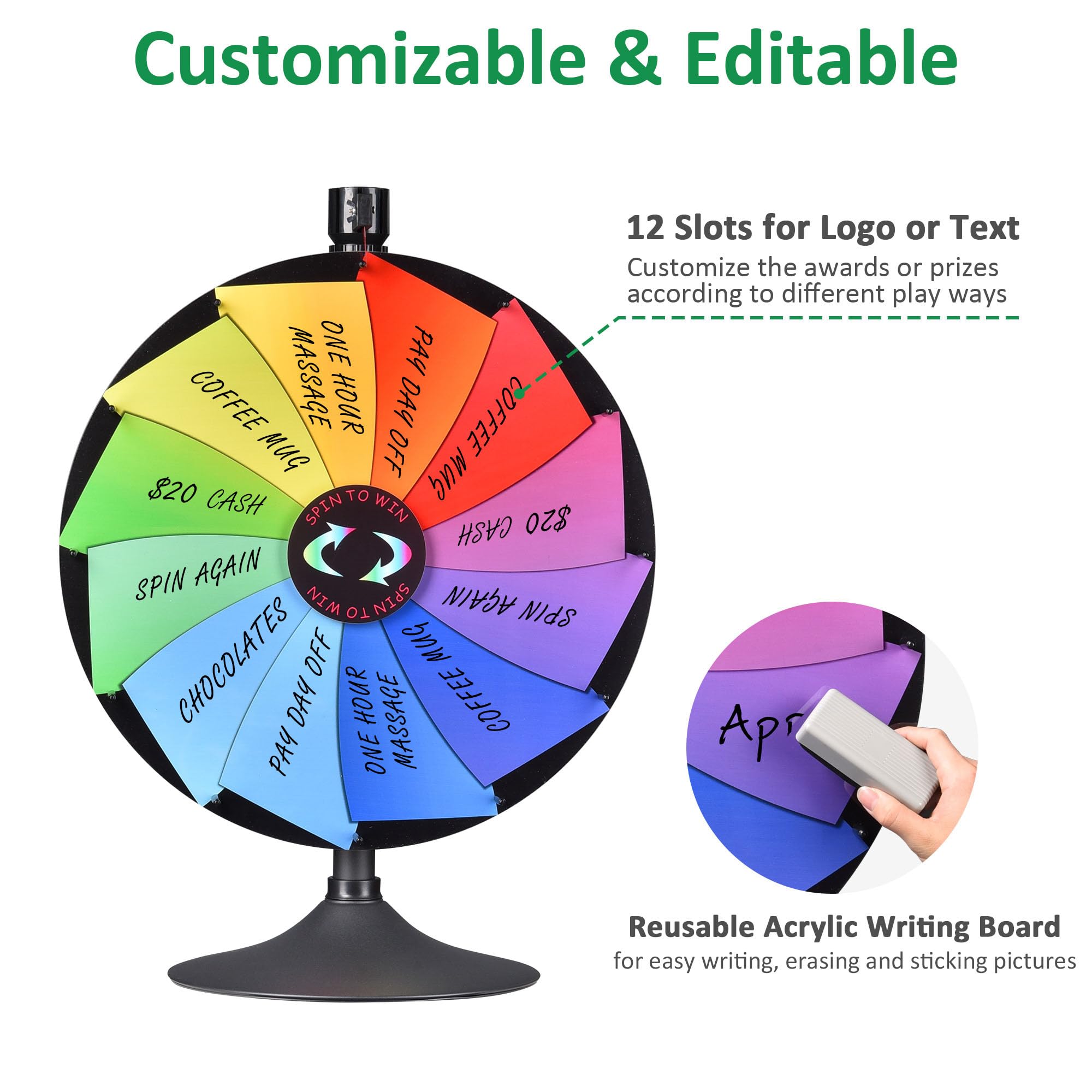 WinSpin 24" Dual Use Prize Wheel Tabletop and Floor Stand Adjustable 12 Slots Heavy Duty Dry Erase Spinning Fortune Wheel for Carnival Spinner Game & Tradeshow, Breeze Wheel Series
