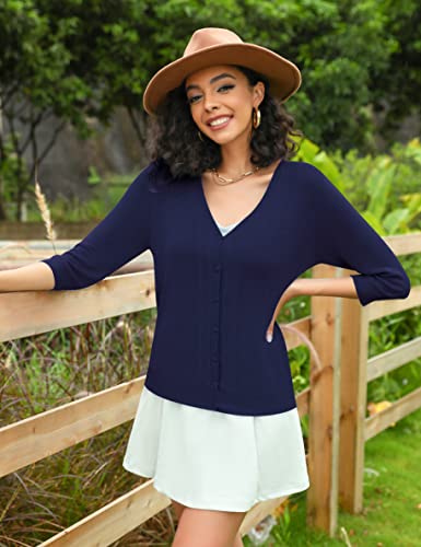 iClosam Summer Cardigans for Women Lightweight Work V Neck Knitted Cardigan 3/4 Sleeve Shrug Sweater Navy Blue
