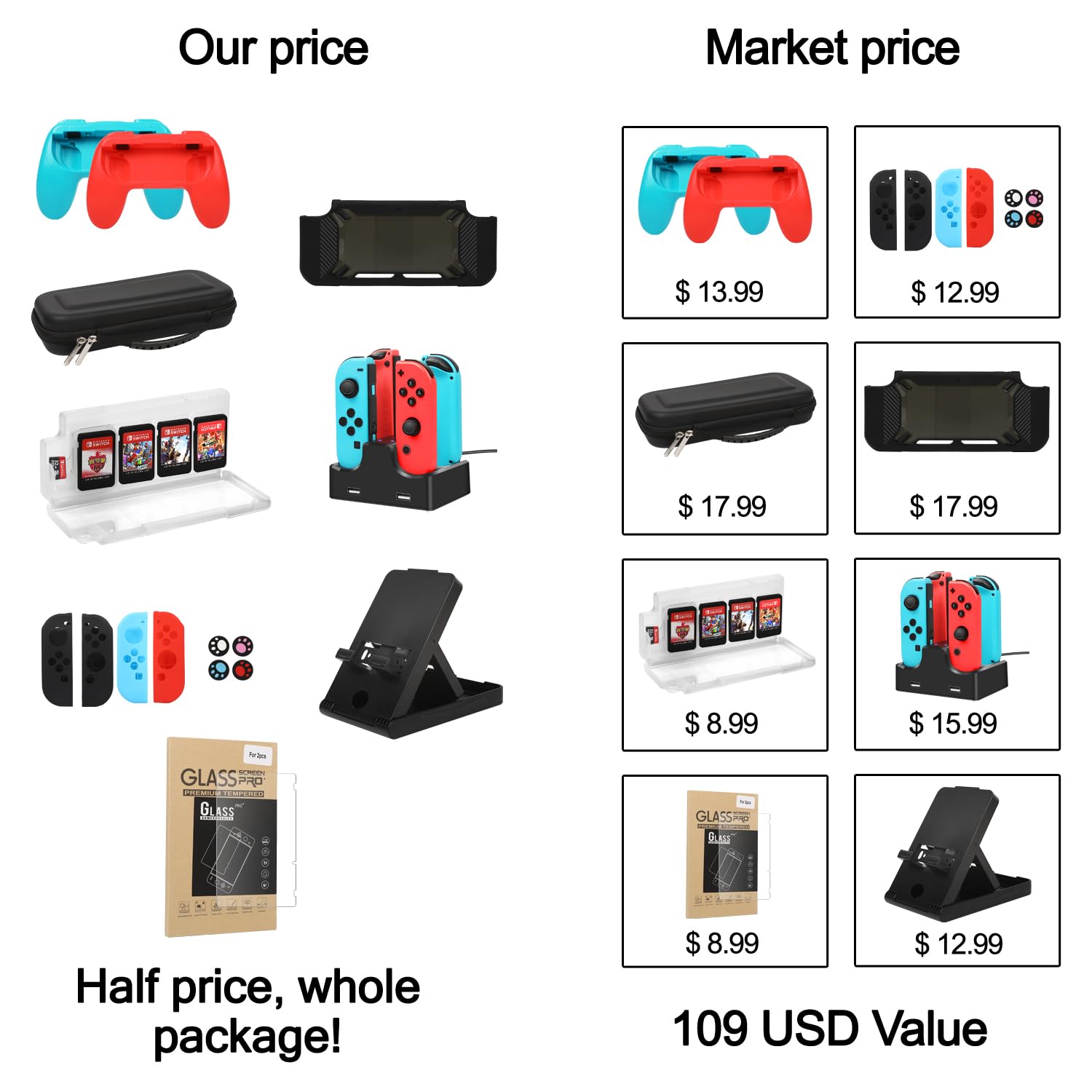 Switch Accessories Bundle for Nintendo Switch, Kit with Carrying Case, Screen Protector,Charging Dock,Compact Playstand,Protective Case,Game Case,Joystick Cap,Grip (16-in-1)