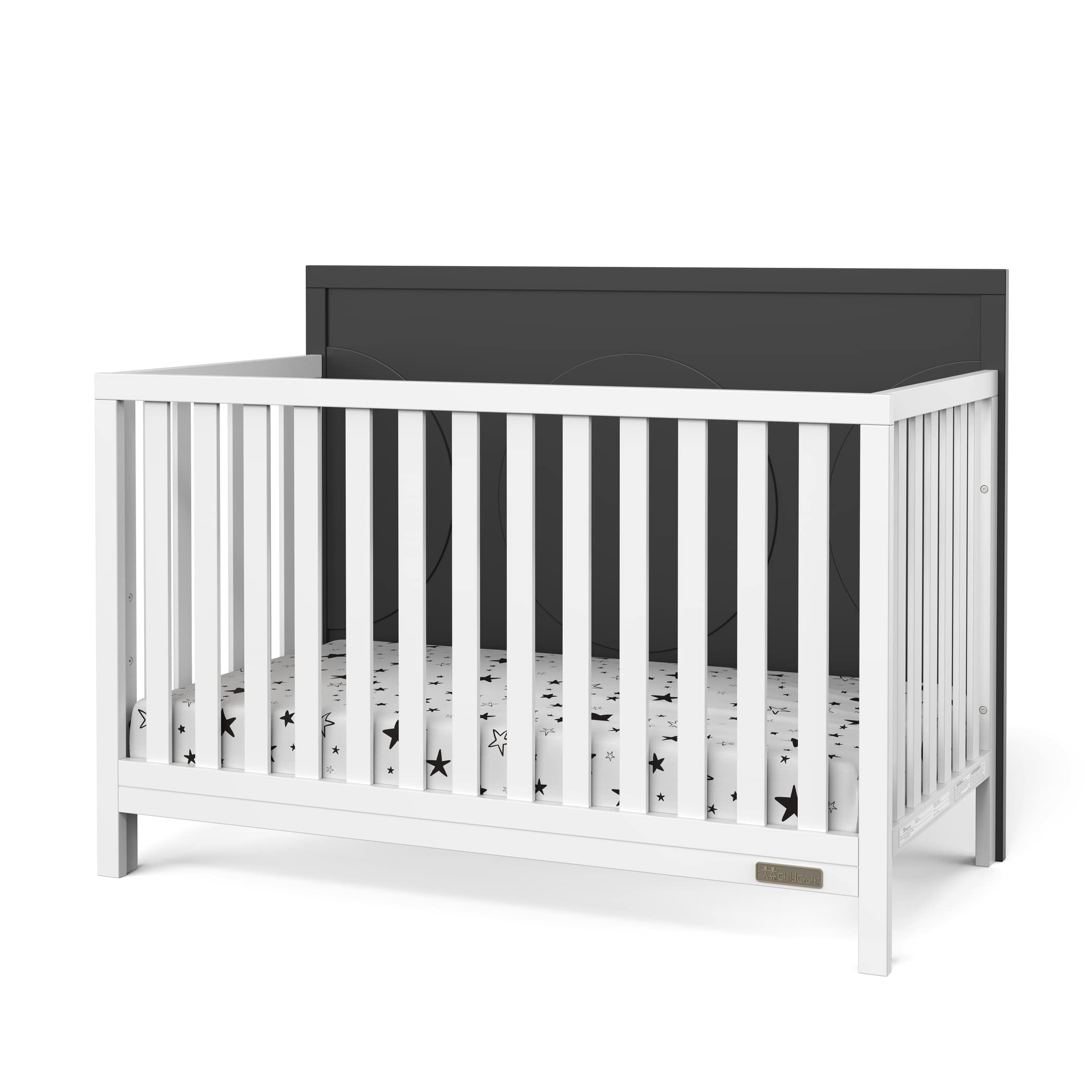 Child Craft Orbit 4-in-1 Convertible Crib, Baby Crib Converts to Day Bed, Toddler Bed and Full Size Bed, 3 Adjustable Mattress Positions, Non-Toxic, Baby Safe Finish (Ebony/Matte White)