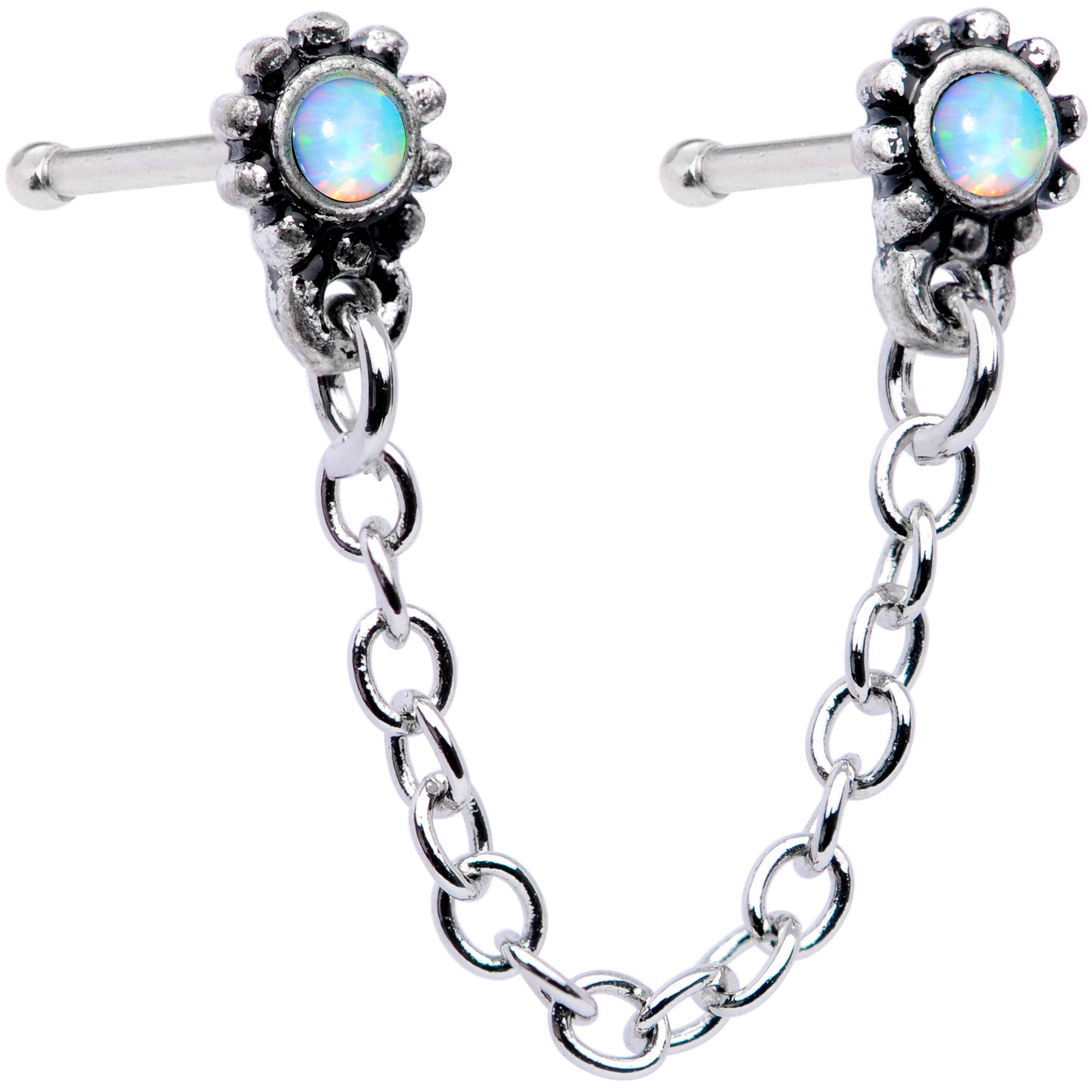 Body Candy 20G Steel Nose Ring White Synthetic Opal Chain Dangle Double Nose Bone Nose Stud Body Jewelry 6mm