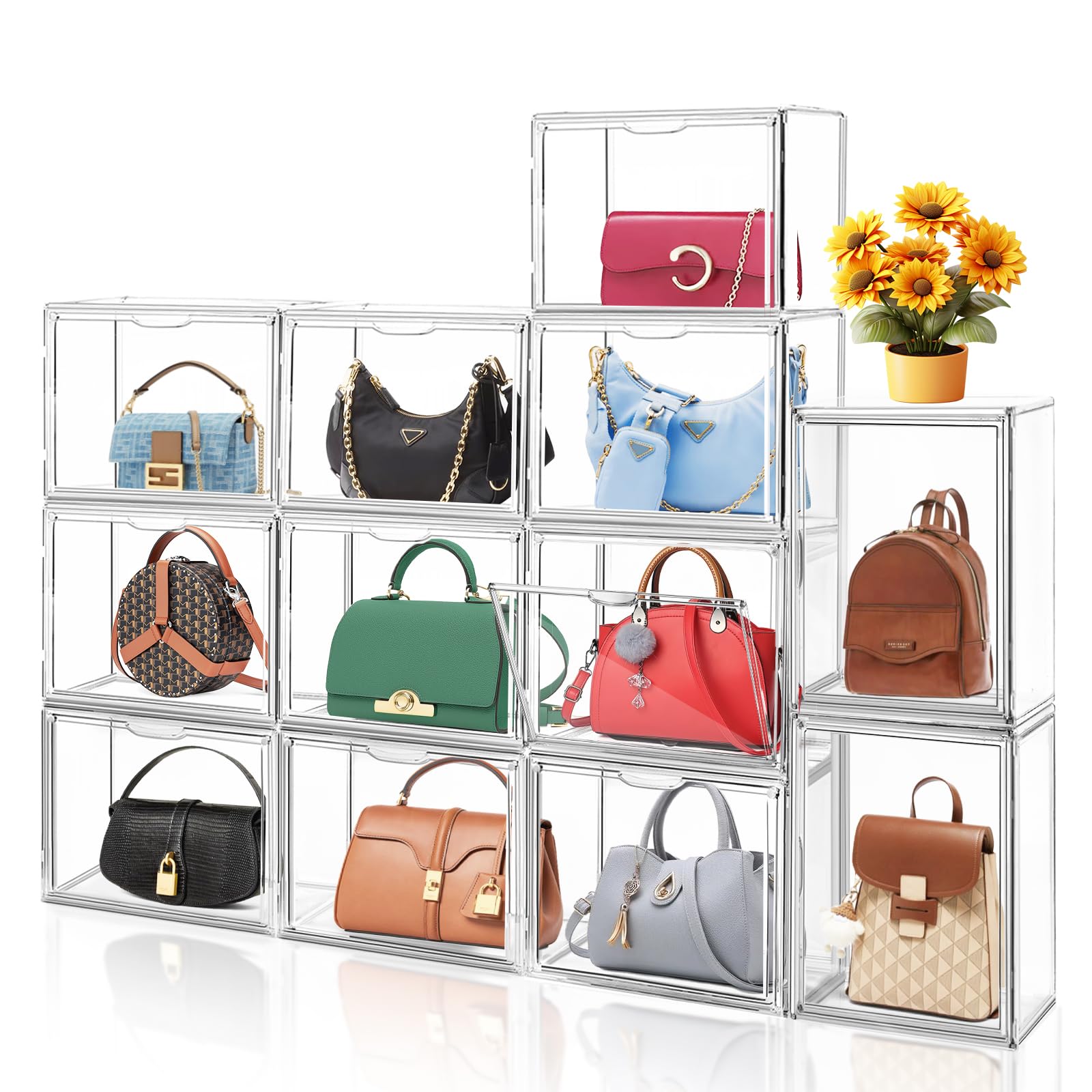 EZJOB 10Pack Closet Organizers and Storage Clear Handbag Storage,Purse Organizer For Closet System Acrylic Display Case, Plastic Storage Containers With Magnetic Door Box Organizers for Collectibles