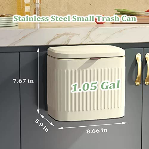 Hanging Kitchen Trash Can with Lid, Sapouni Small Compost Bin for Countertop or Under Sink 1.05 Gallon/4L Wall-Mounted Kitchen Garbage Can Stainless Steel Mini Waste Bins (Milky white,Vertical stripe)