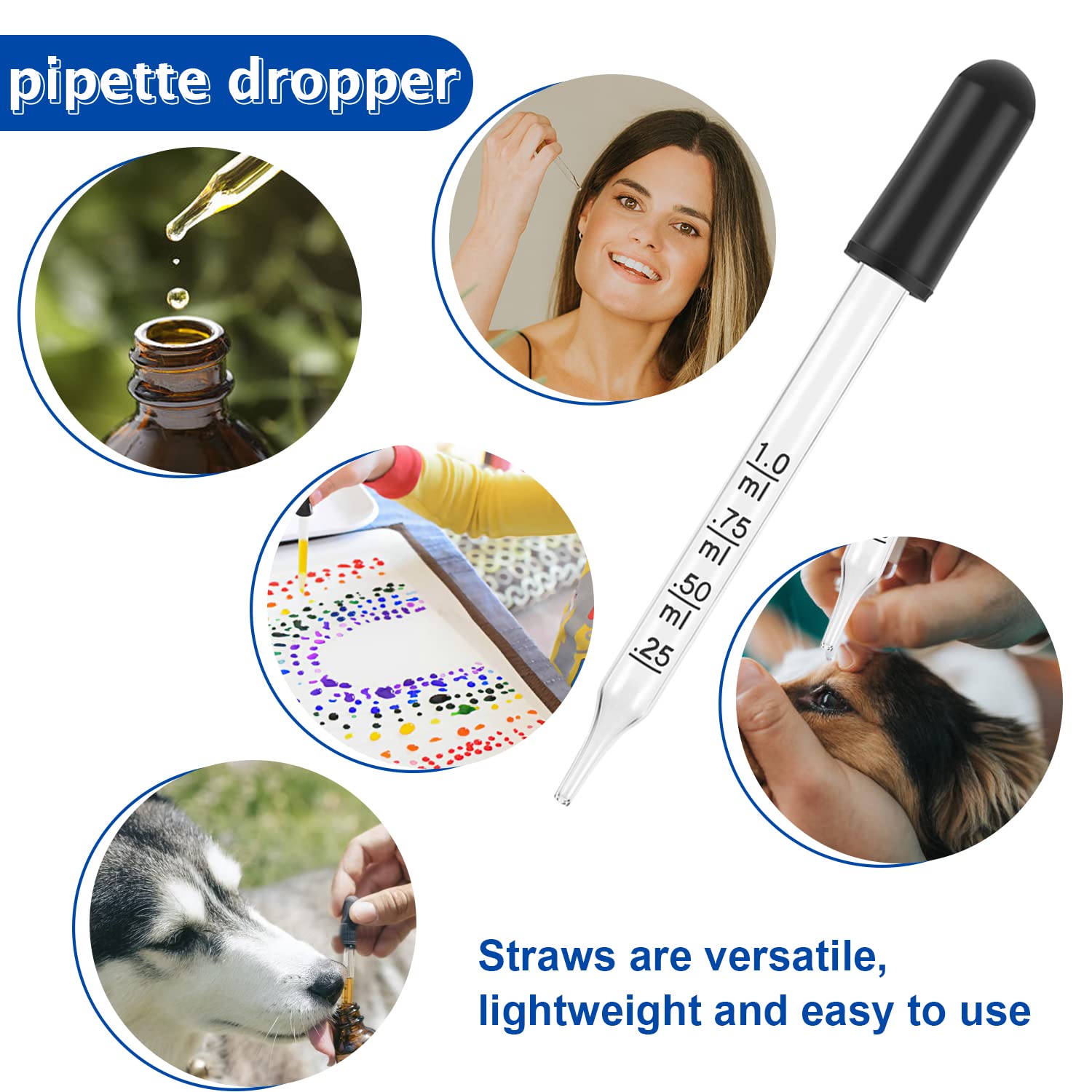 Dropper Bottle 20pcs Essential Oil Droppers Pipettes Straight Tip Calibrated Glass Droppers Blak Red Rubber Head, for Essential Oil Makeup Art,Nutrient Liquid ,Painting, Lab (1ml) (a-black straight)