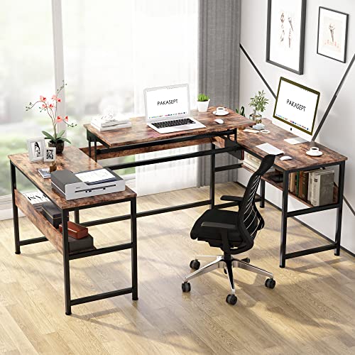 PAKASEPT U- Shaped Desk with Lift Top, Sit to Stand L Shaped Computer Desk, Height Adjustable Standing Desk with Storage Shelves and 3 Desktop for Home Office
