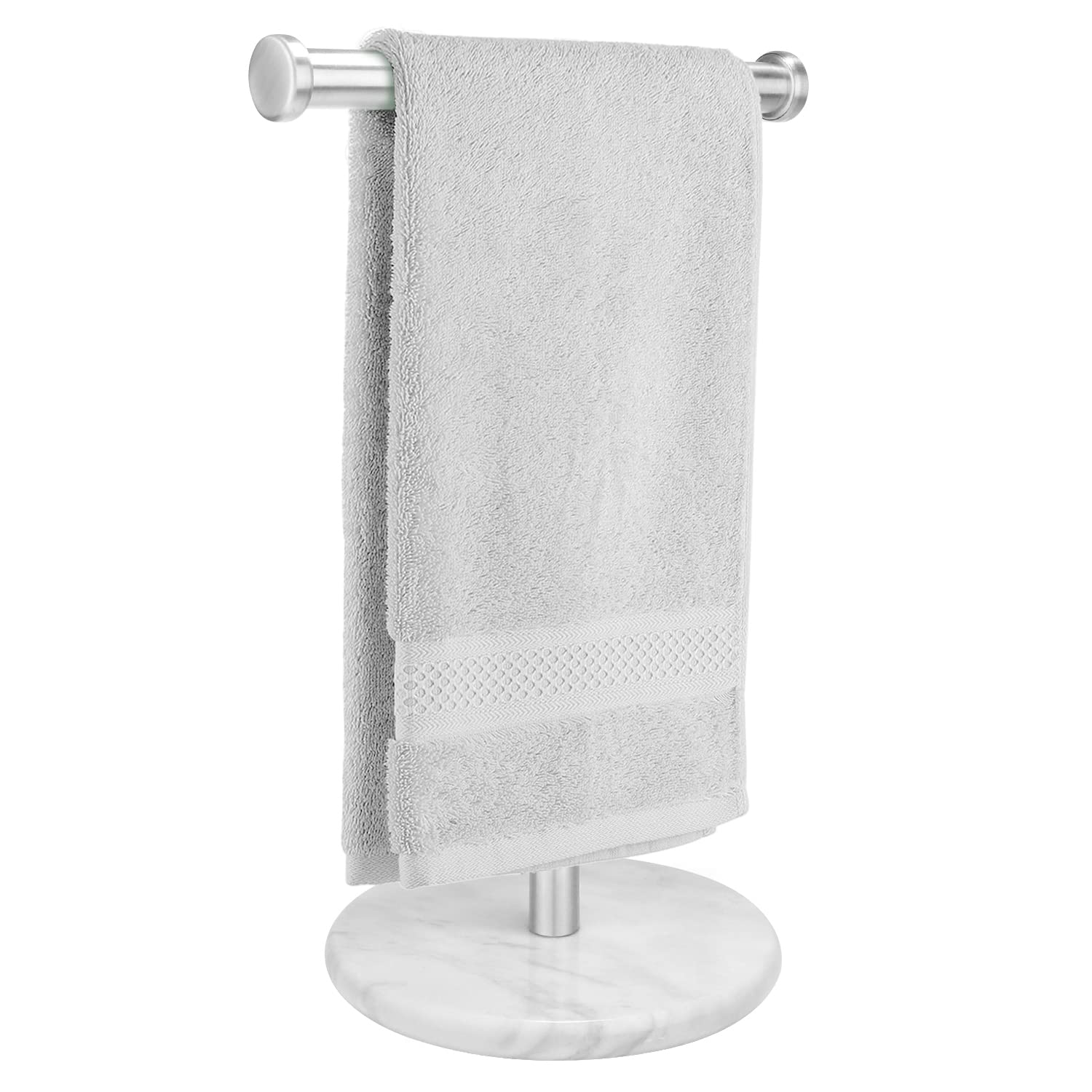 Homeries Marble Hand Towel Holder - Stainless Steel Towel Stand with Round Marble Base - Modern T-Shape Hand Towel Valet for Bathroom, Vanity Top Towel Stand, Counter Towel Bar, Jewelry Rack