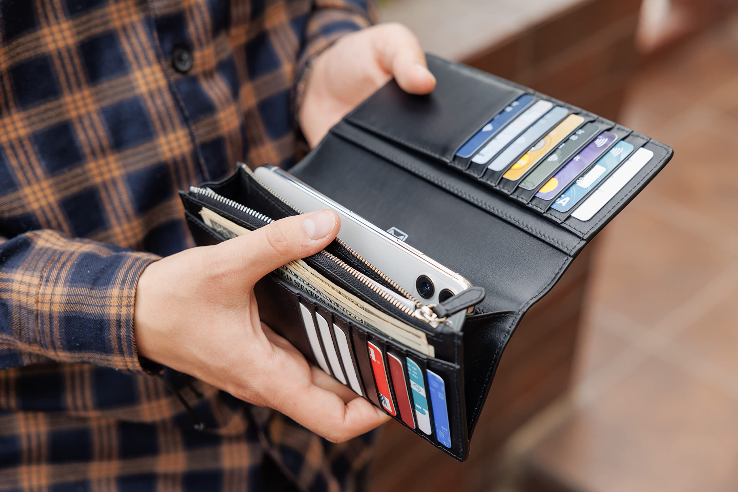 WOLFselection Genuine Leather Long Wallet - Rugged Bifold Mens Wallets with Inner Zip Slot for Key and Coins - Big Capacity for Credit Cards ID Driver's License and Notes