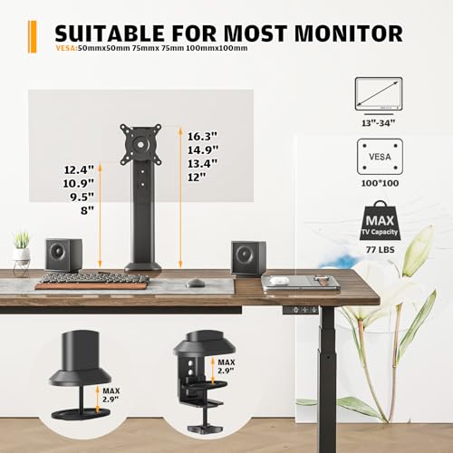 HEMUDU Single Desk Monitor Arm Mount Stand Fit for 13 inch to 32 inch Flat Curved Computer Screen with Swivel, Height Adjustable, Rotation,Holds up to 77lbs, Black