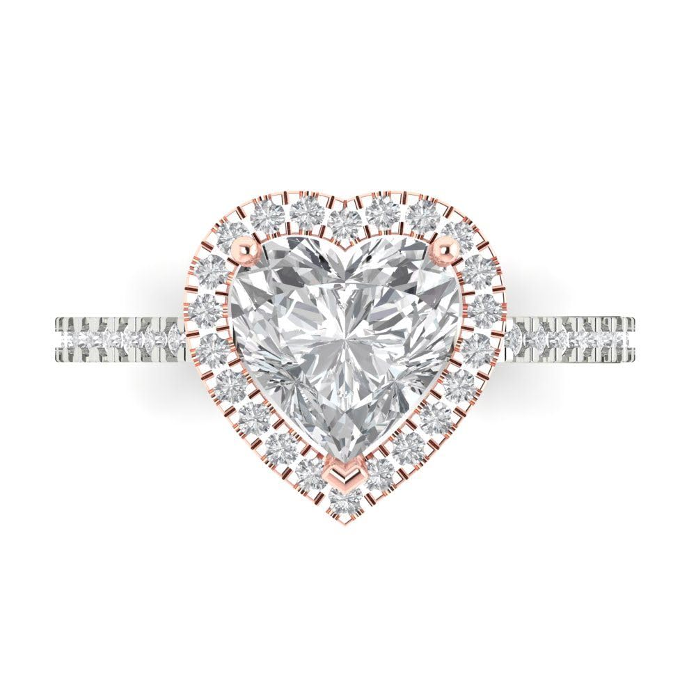 Clara Pucci 2.27 Carat Heart Cut Natural Diamond SI1 SI2 J K 14K White Rose Solid Gold Halo Bridal Wedding Engagement Designer Ring size 6