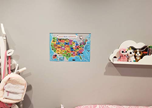 Kids United States Map | Wall Poster 13" x 19" US Map Premium Paper | 50 USA States w/Slogans & Images - Laminated