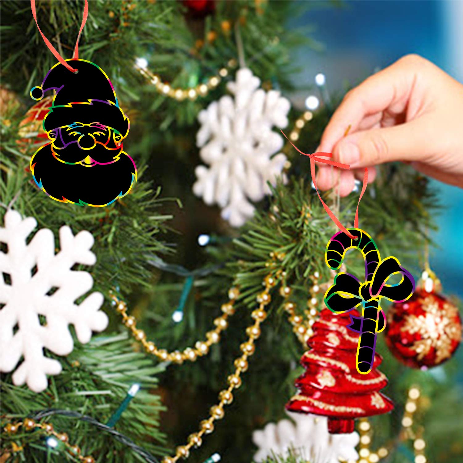 LOKIPA Christmas Scratch Paper Art Set, 80 Pieces Magic Rainbow Scratch Off Cards Ornaments for Kids Christmas